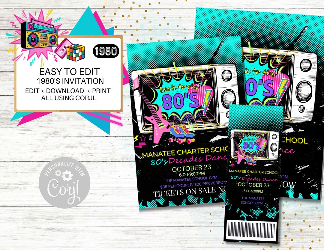 80's Decades Dance Invitation, Flyer and Ticket Set, Prom, School Dance ...