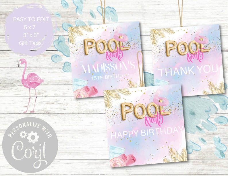 Pool Party Favor Tags, Editable, Birthday Party, Summer Party, Flamingo ...