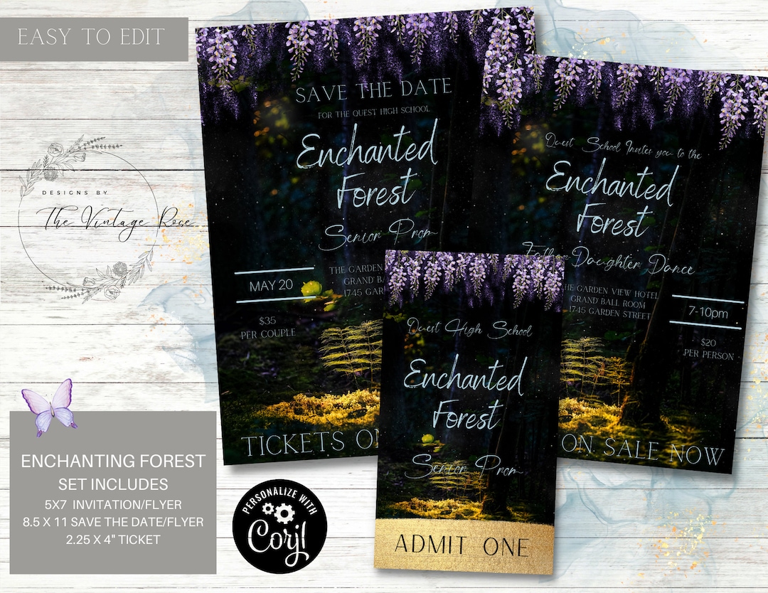 Enchanted Forest Invitation and Ticket Set, Flowers, Prom, Editable ...