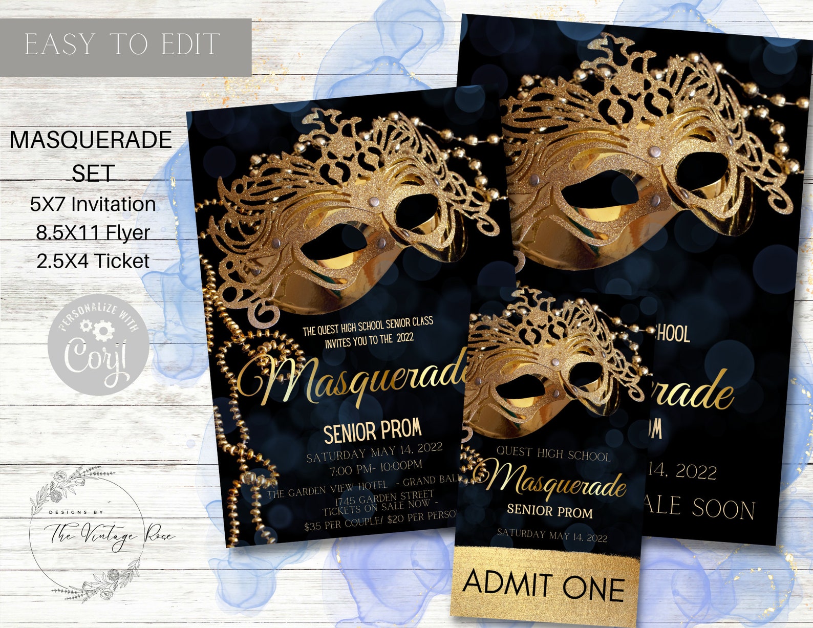 Blue and Gold Masquerade Dance Set, Editable, Prom, School Dance ...