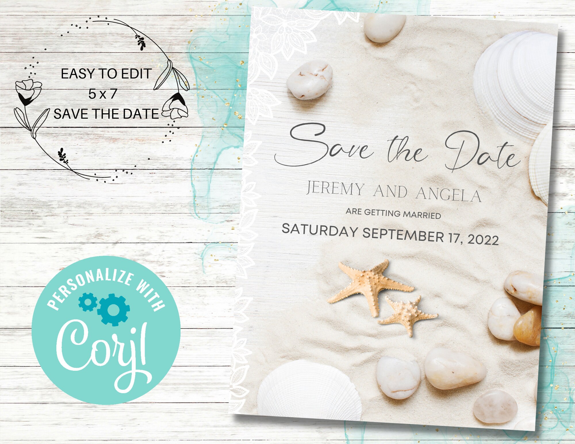 Beach Sand and Shells Save the Date, Editable ,wedding, Engagement ...