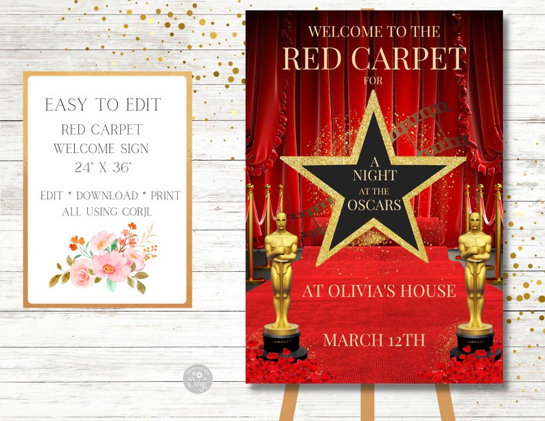 Red Carpet Welcome Sign, Poster, Night at the Oscars, VIP Pass ...