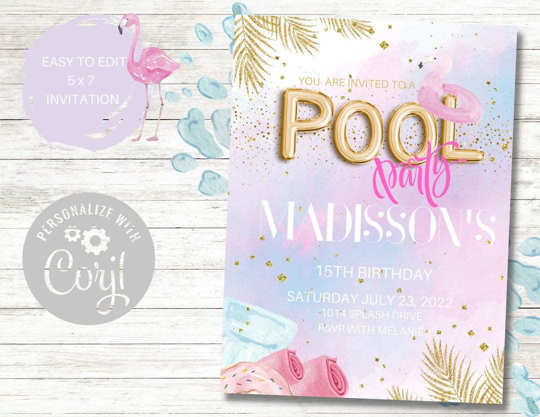 Pool Party Invitation, Editable, Birthday Party, Summer Party, Flamingo ...
