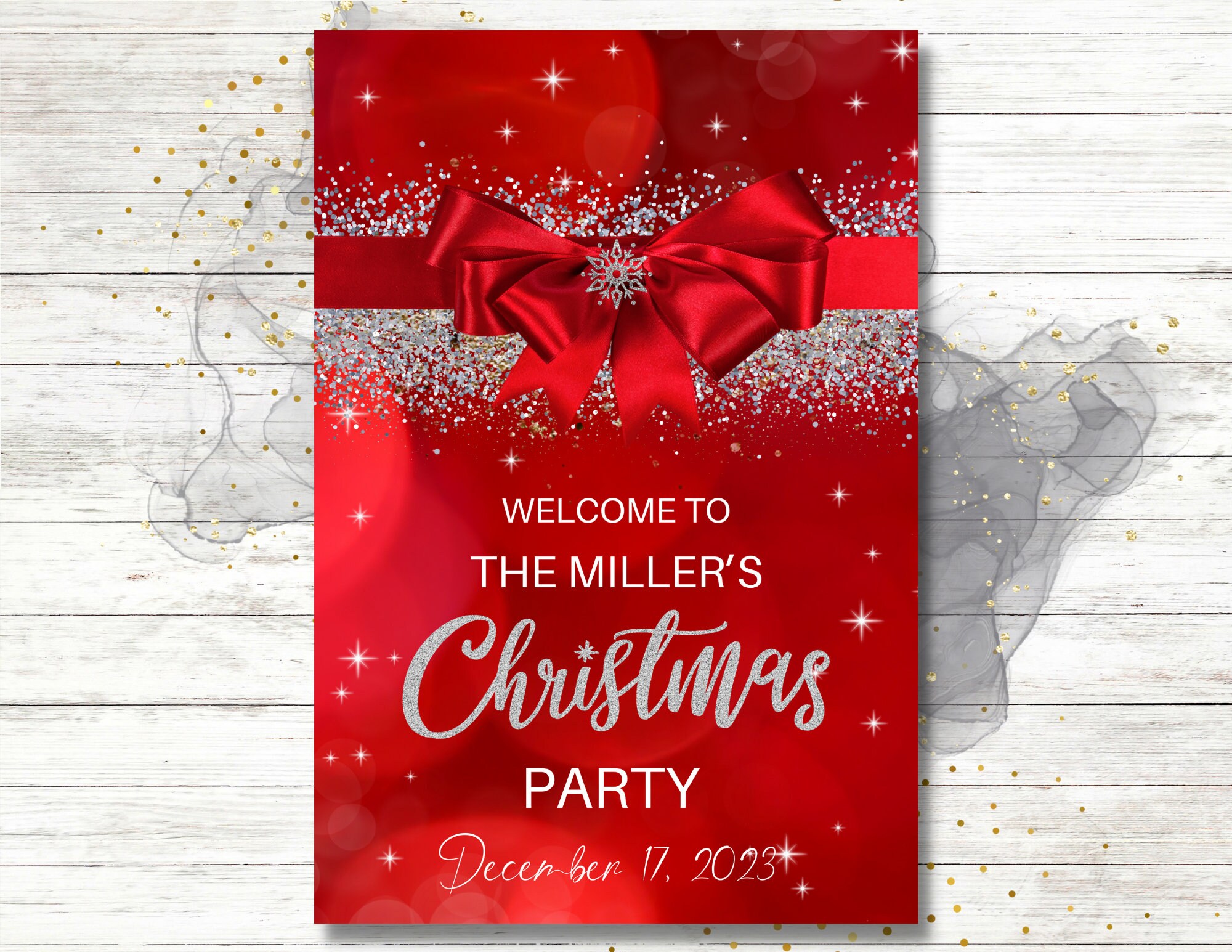 Red and Silver Christmas Party Welcome Sign, Editable, Holiday ...