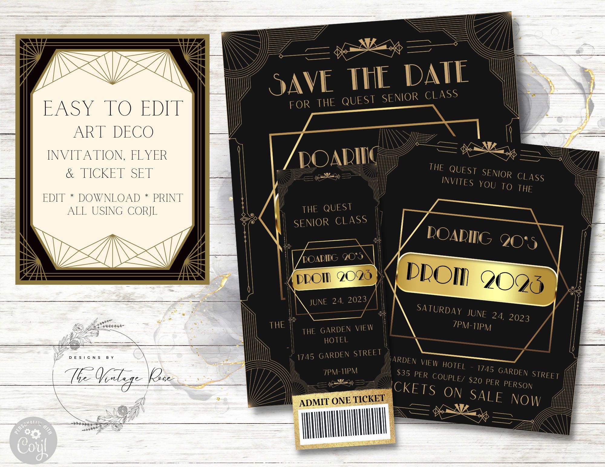 Art Deco Invitation and Ticket Set, Flyer, Save the Date Roaring 20's ...