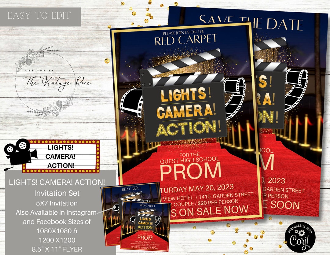 Lights! Camera! Action! Invitation Set, Red Carpet, Hollywood, Prom ...