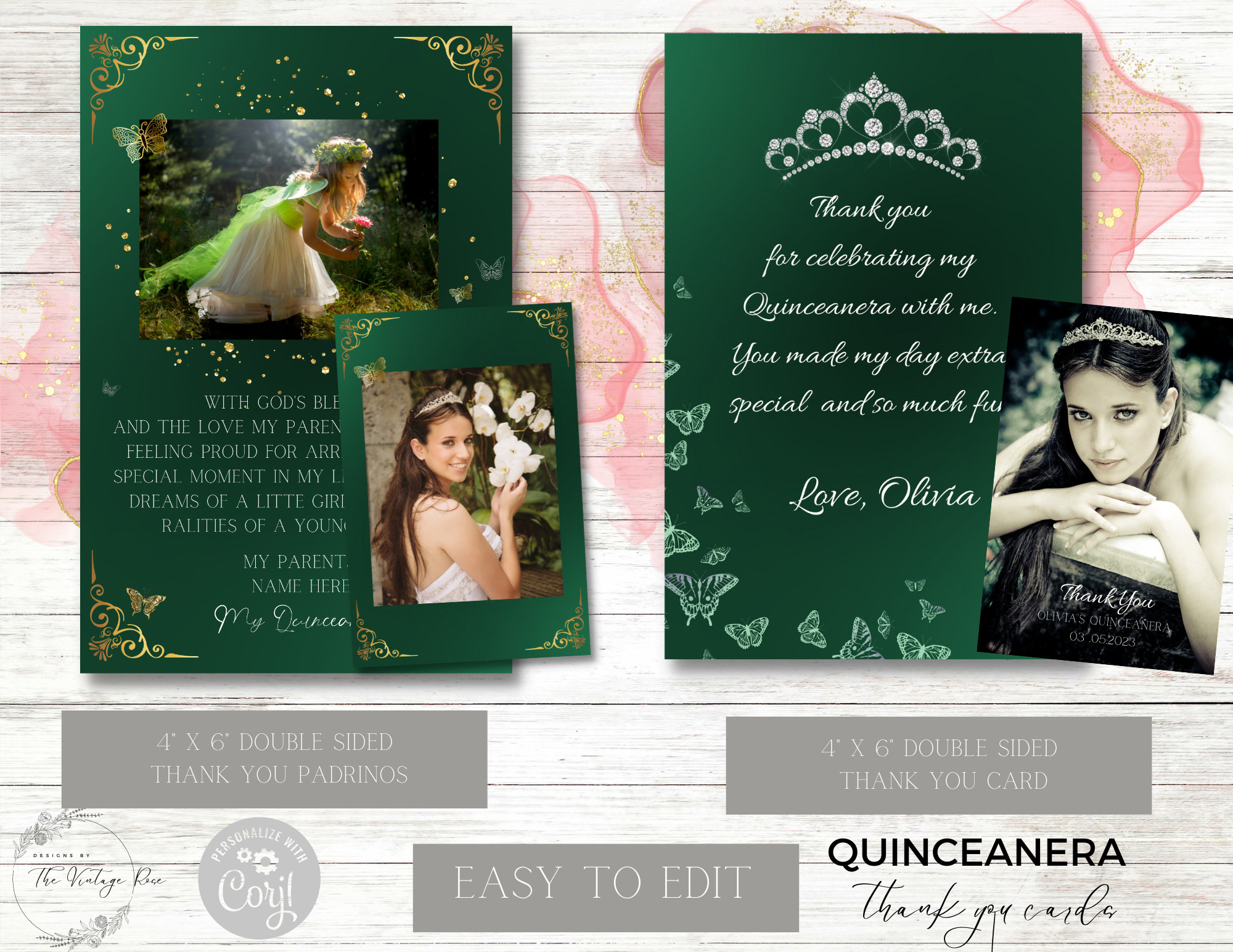 Green Quinceanera Photo Thank You Card Set Editable Thank - Etsy