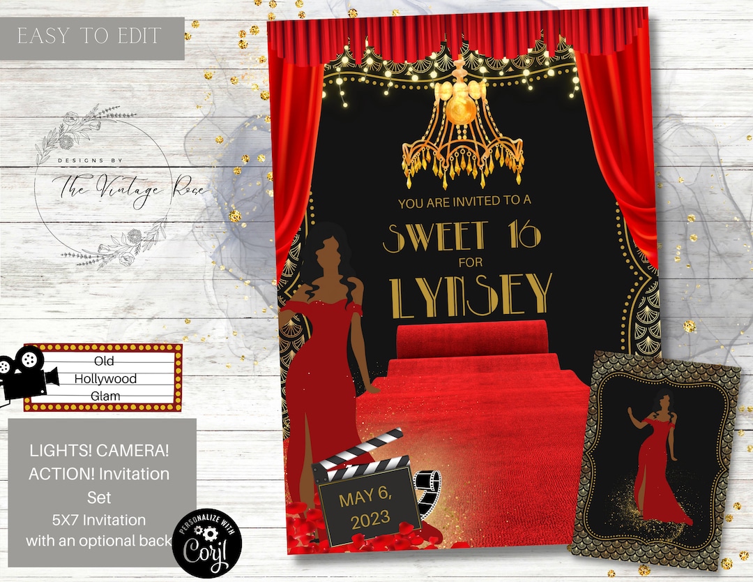 Old Hollywood Glam Invitation, Red Carpet, Hollywood, Sweet 16 ...