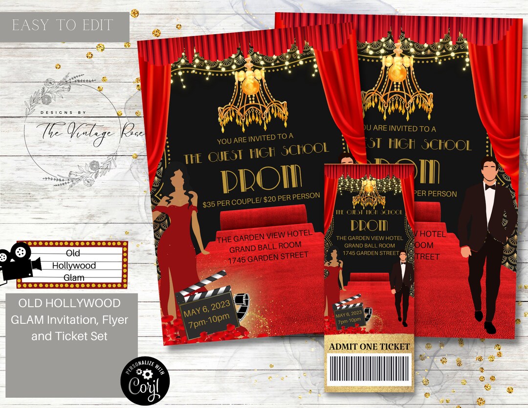Red Carpet, Old Hollywood Glam, Invitation Set Ticket Set, Prom ...