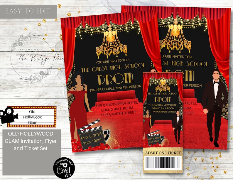 Red Carpet, Old Hollywood Glam, Invitation Set Ticket Set, Prom ...
