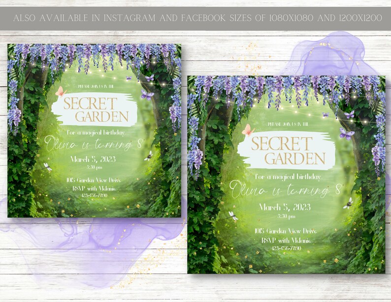 Secret Garden Invitation Set, Editable, 1080x1080 & 1200x1200 Enchanted ...
