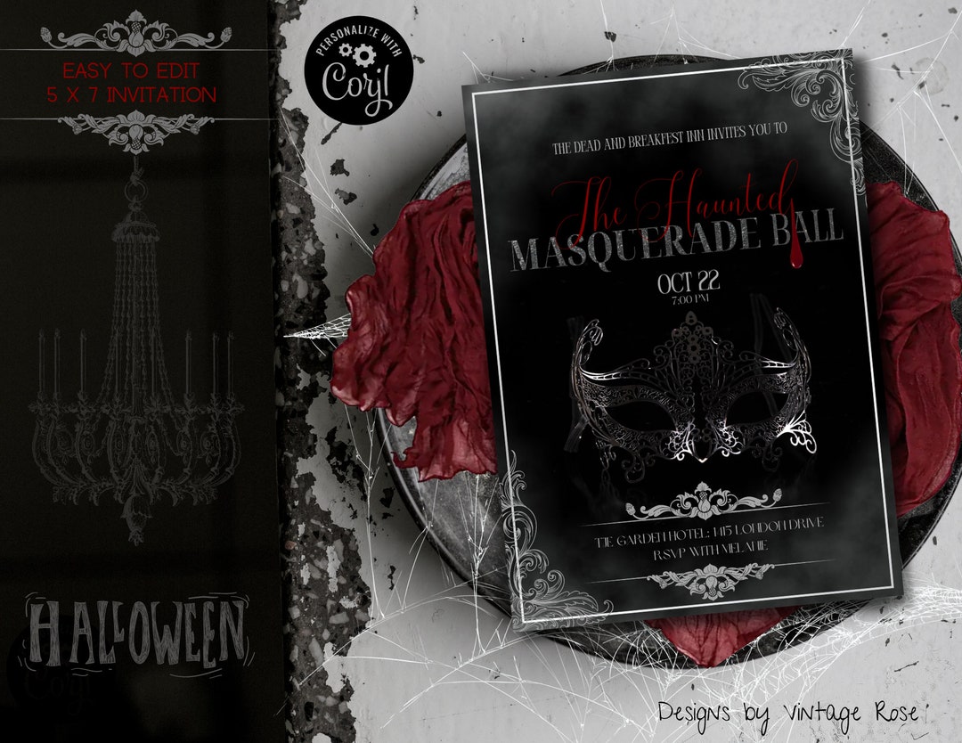 Haunted Masquerade Ball Invitation, Editable, Corjl, Halloween Masquerade, Halloween Party, Red ...