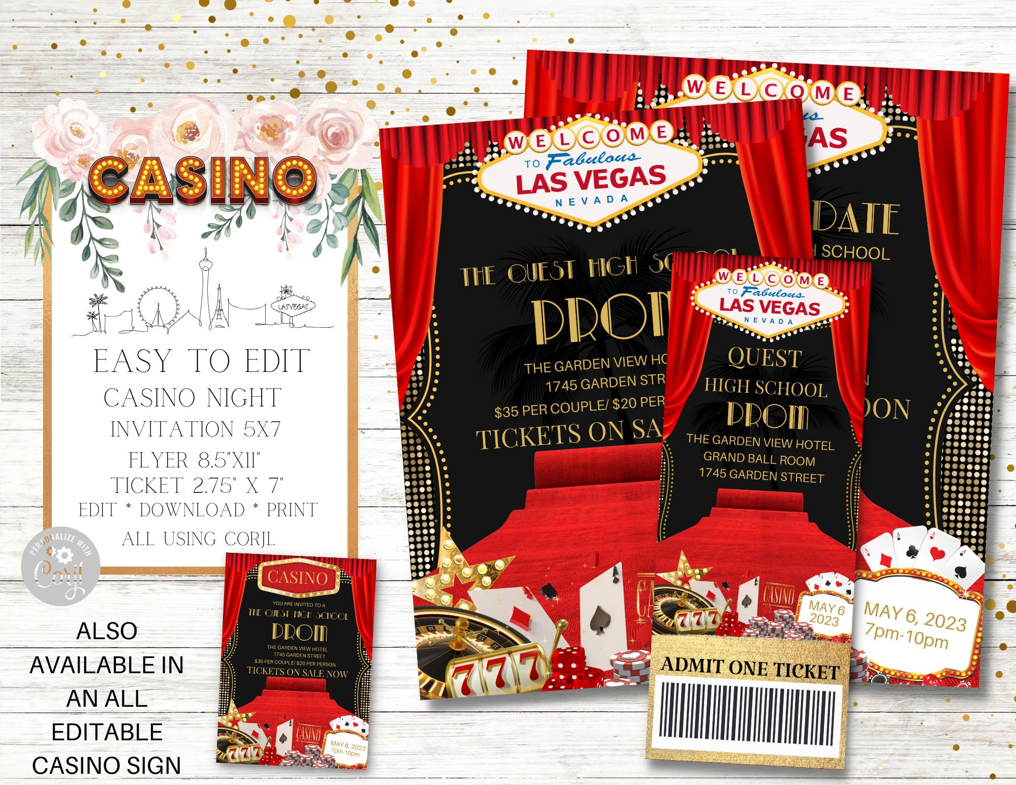 Casino Night Invitation, Flyer and Ticket Set, Las Vegas Theme, School ...