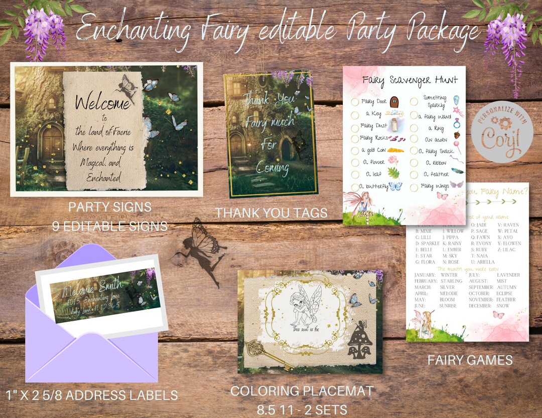 Enchanting Fairy Editable Party Package and Kit, Edit Using Corjl ...