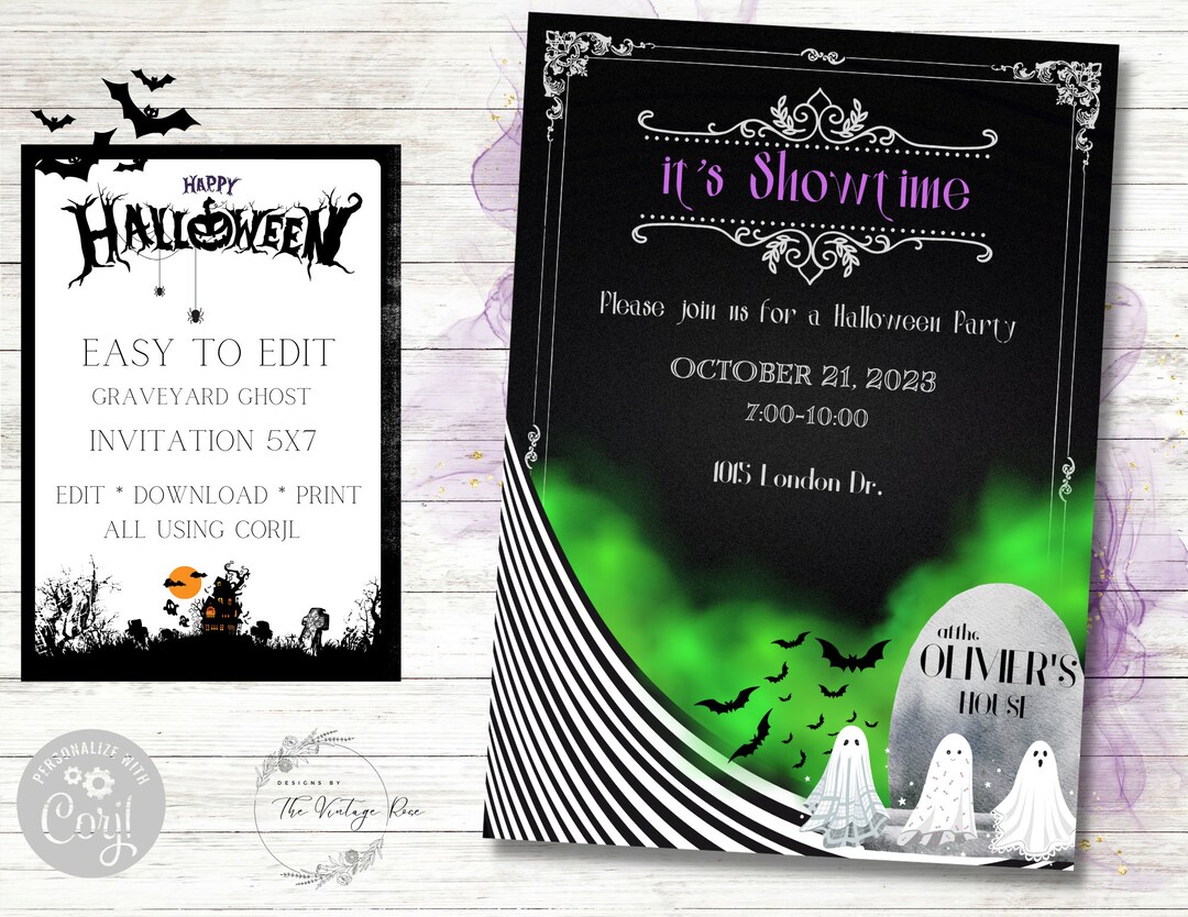 Halloween Invitation, Invite, It's Showtime, Black and Green Invitation ...