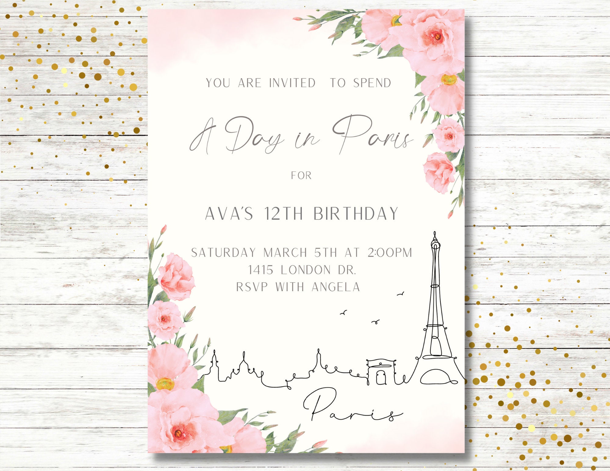Paris Invitation, French, Birthday Invitation, Parisian, Peach Flowers ...