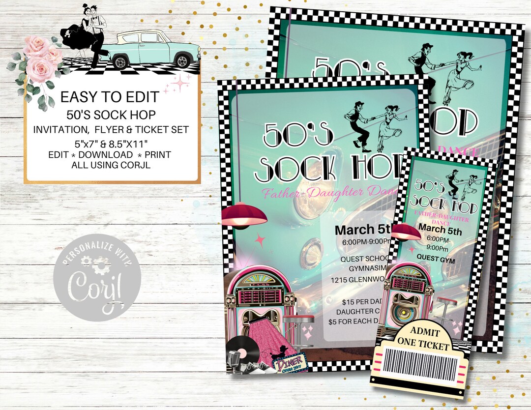 50's Sock Hop Invitation Set, Flyer and Ticket School Dance, Father ...