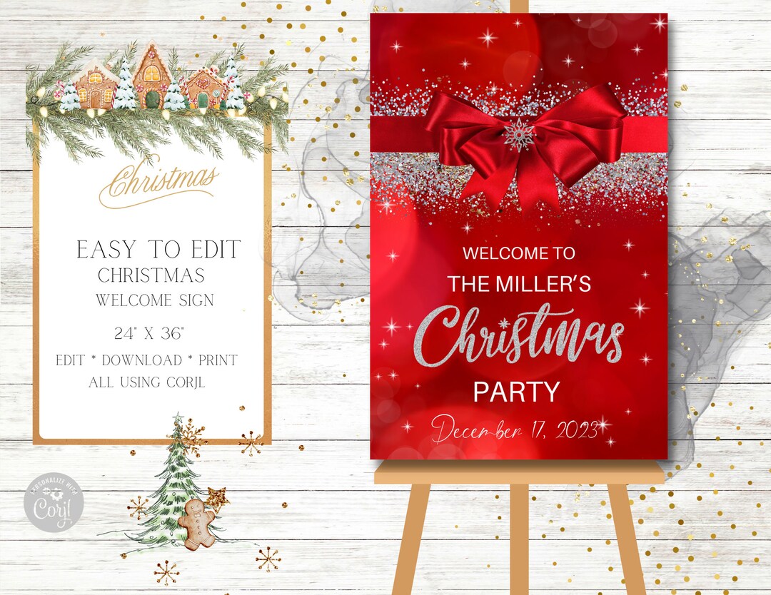 Red and Silver Christmas Party Welcome Sign, Editable, Holiday ...