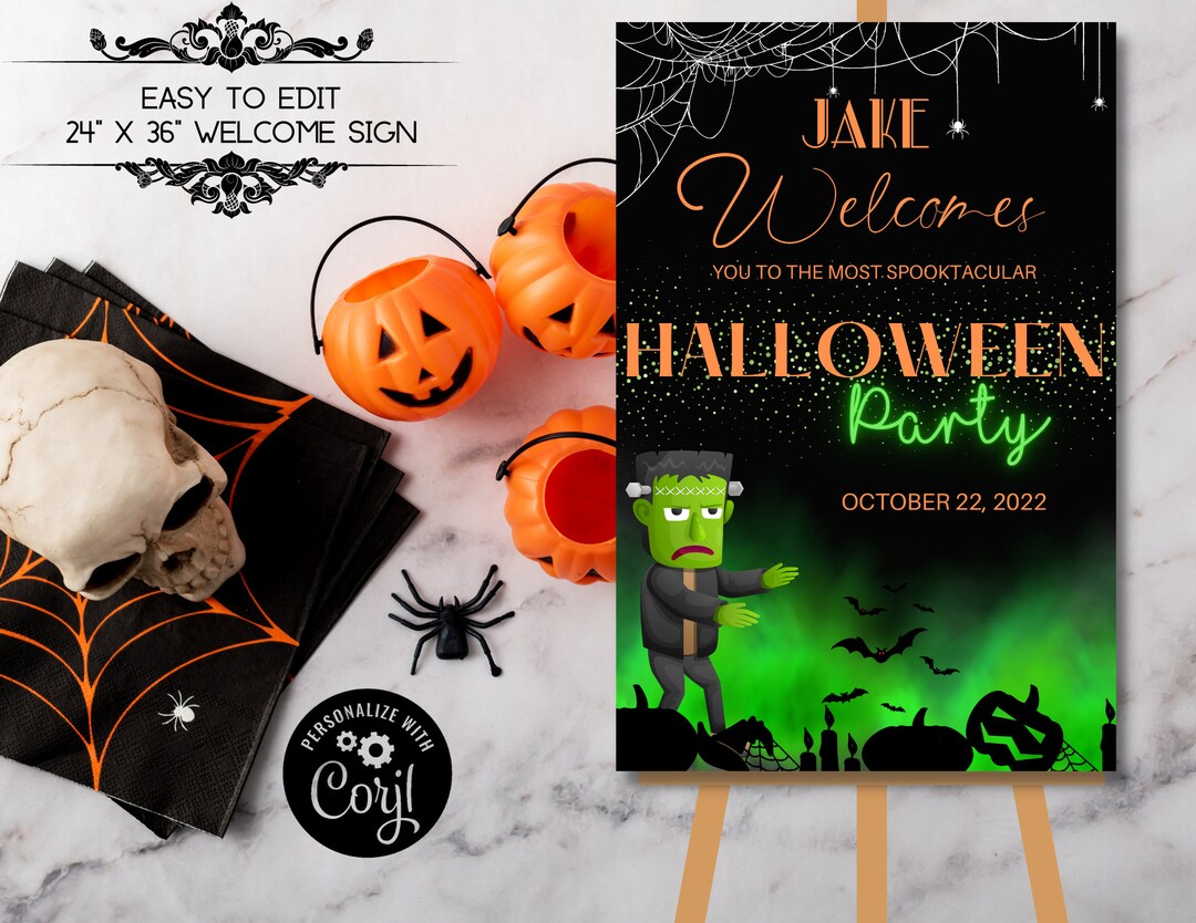 Halloween Party Welcome Sign, Frankenstein, Corjl, Personalized Sign ...