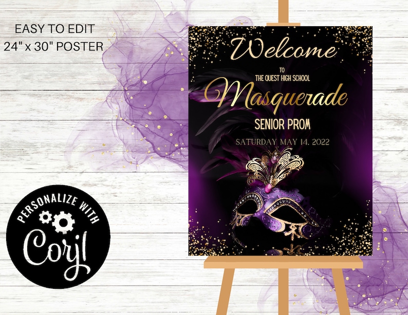 Masquerade Dance Welcome Sign Poster, Editable, Birthday Party, Prom ...