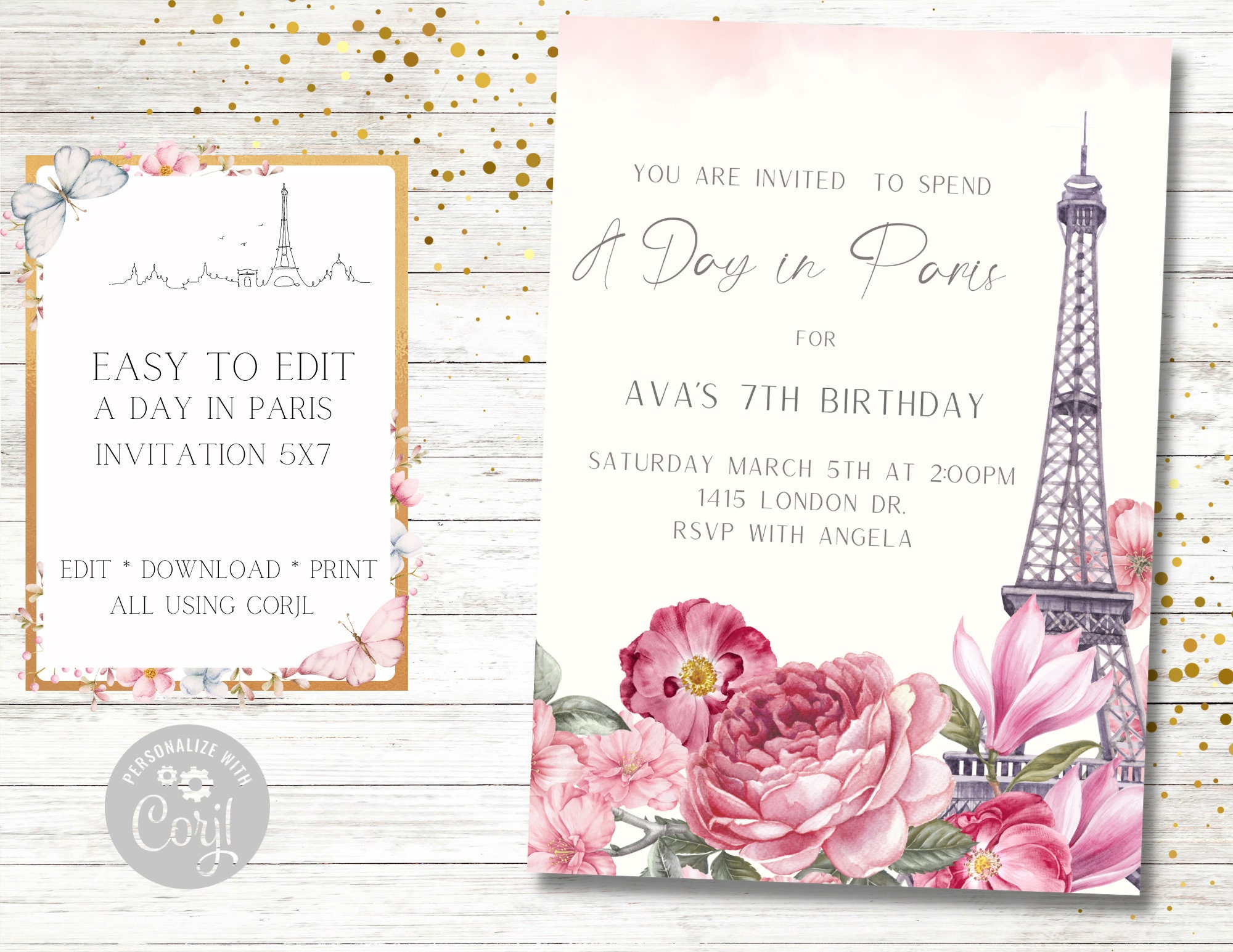Paris Invitation, French, Birthday Invitation, Parisian Pink Flowers ...