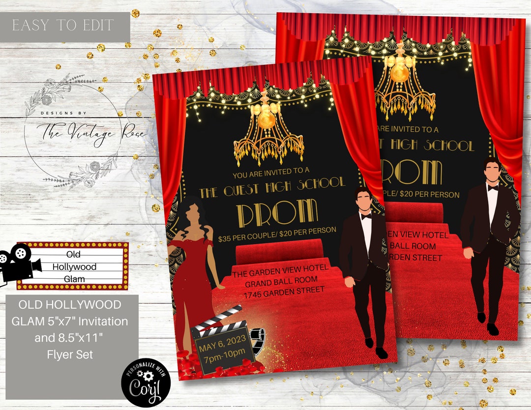 Red Carpet, Old Hollywood Glam, Invitation Set and Flyer, Prom ...