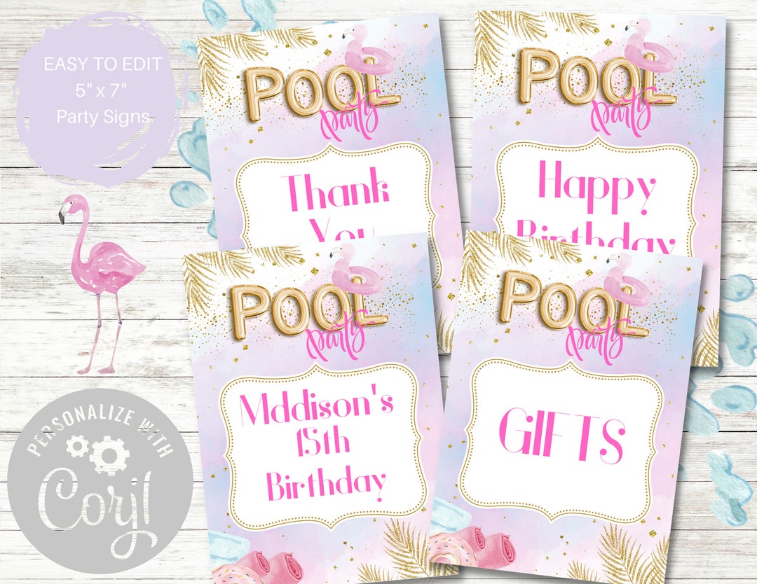 Pool Party Signs, Editable, Birthday Party, Summer Party, Flamingo ...