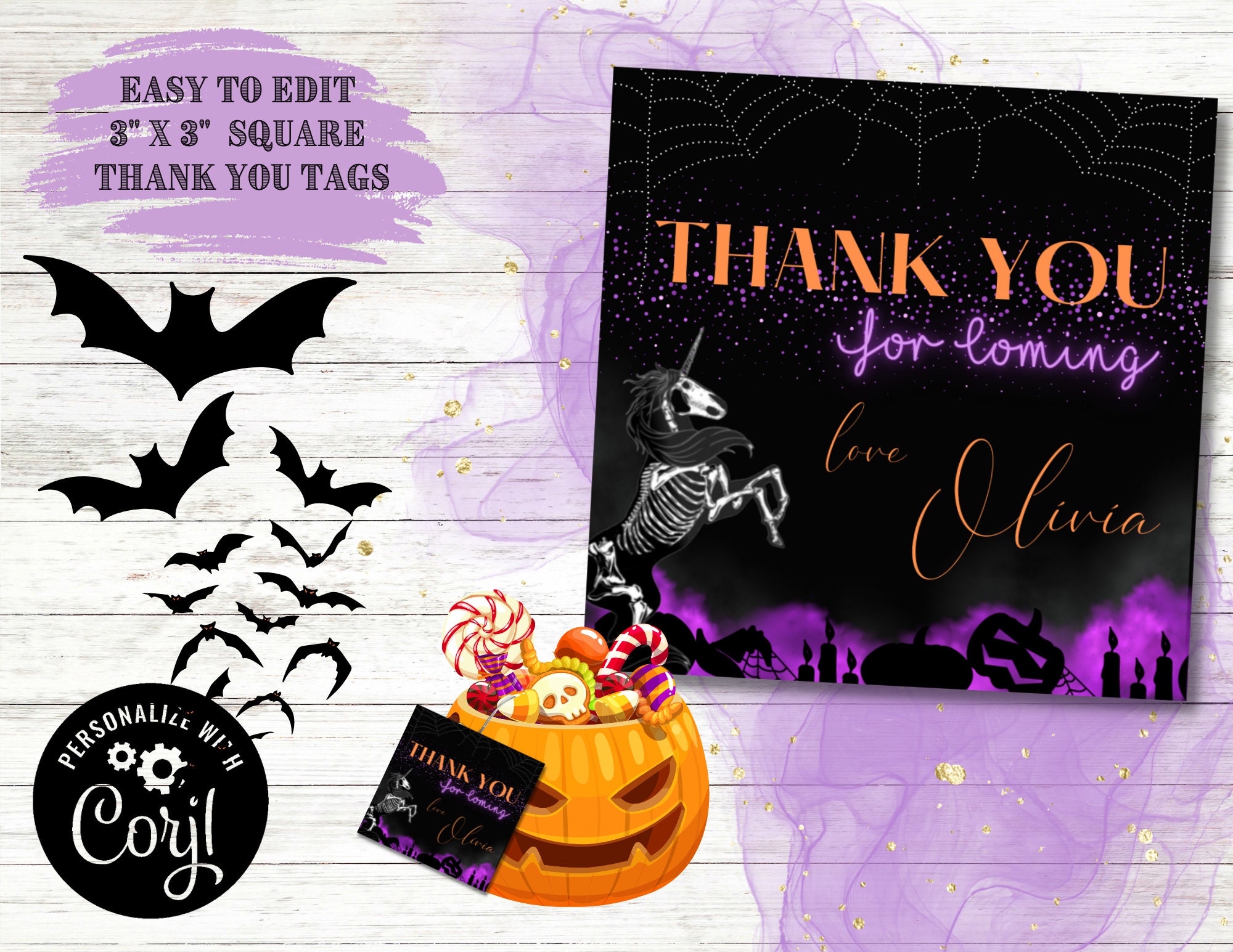 Unicorn Skeleton Halloween Birthday Party Thank You Tags, 3" X 3 ...