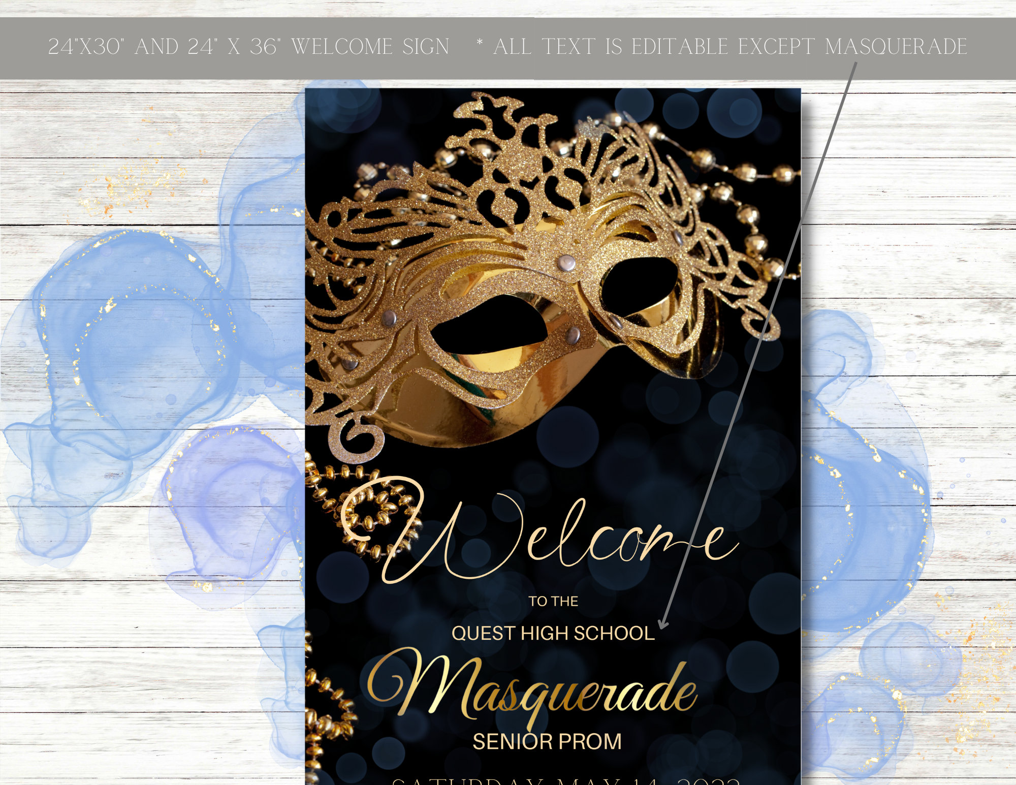 Blue and Gold Masquerade Dance Welcome Sign Poster, Editable, Birthday ...