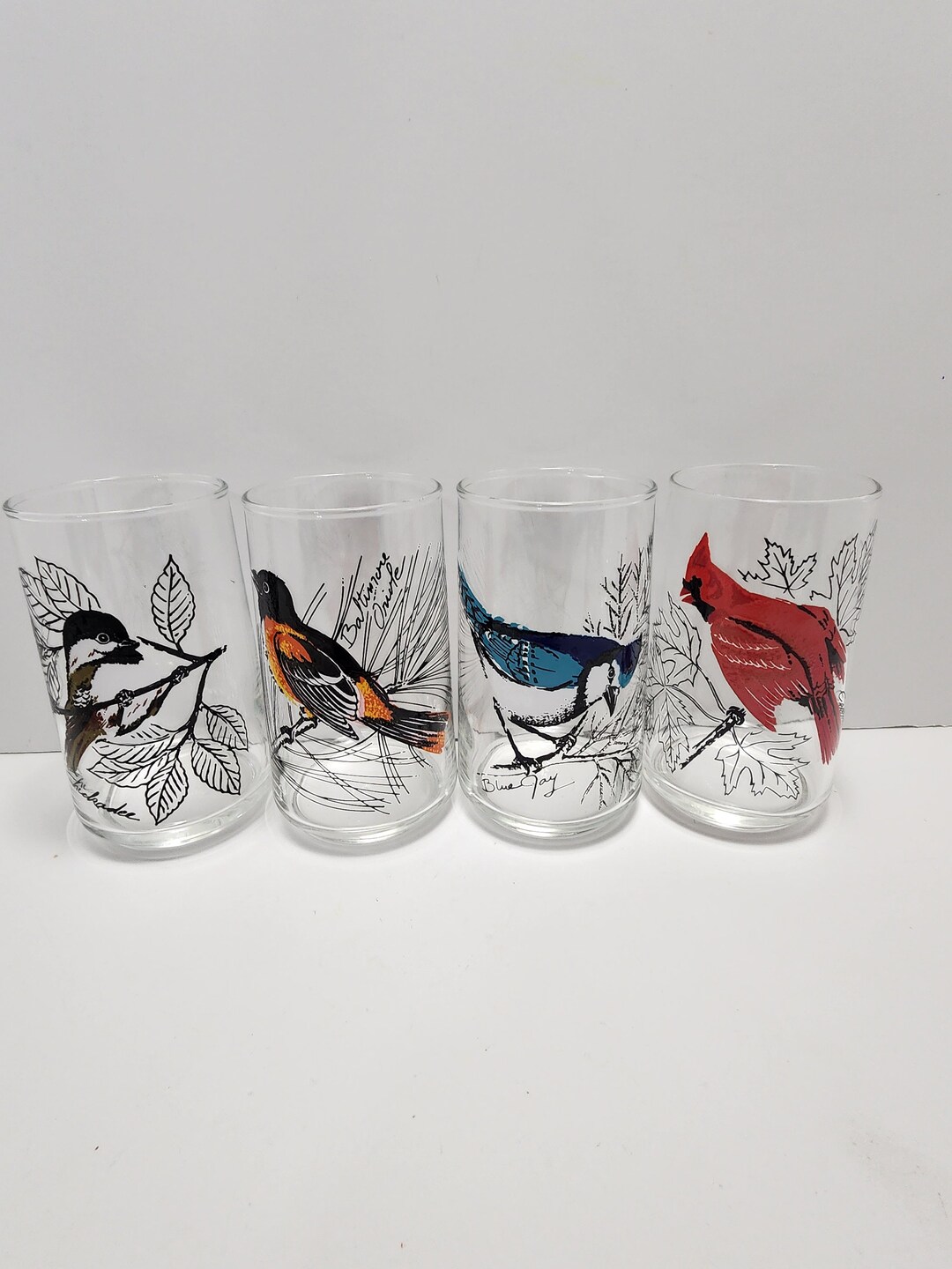 Anchor Hocking Set of 4 Vintage Tumbler Glass Birds Cardinals Baltimore ...