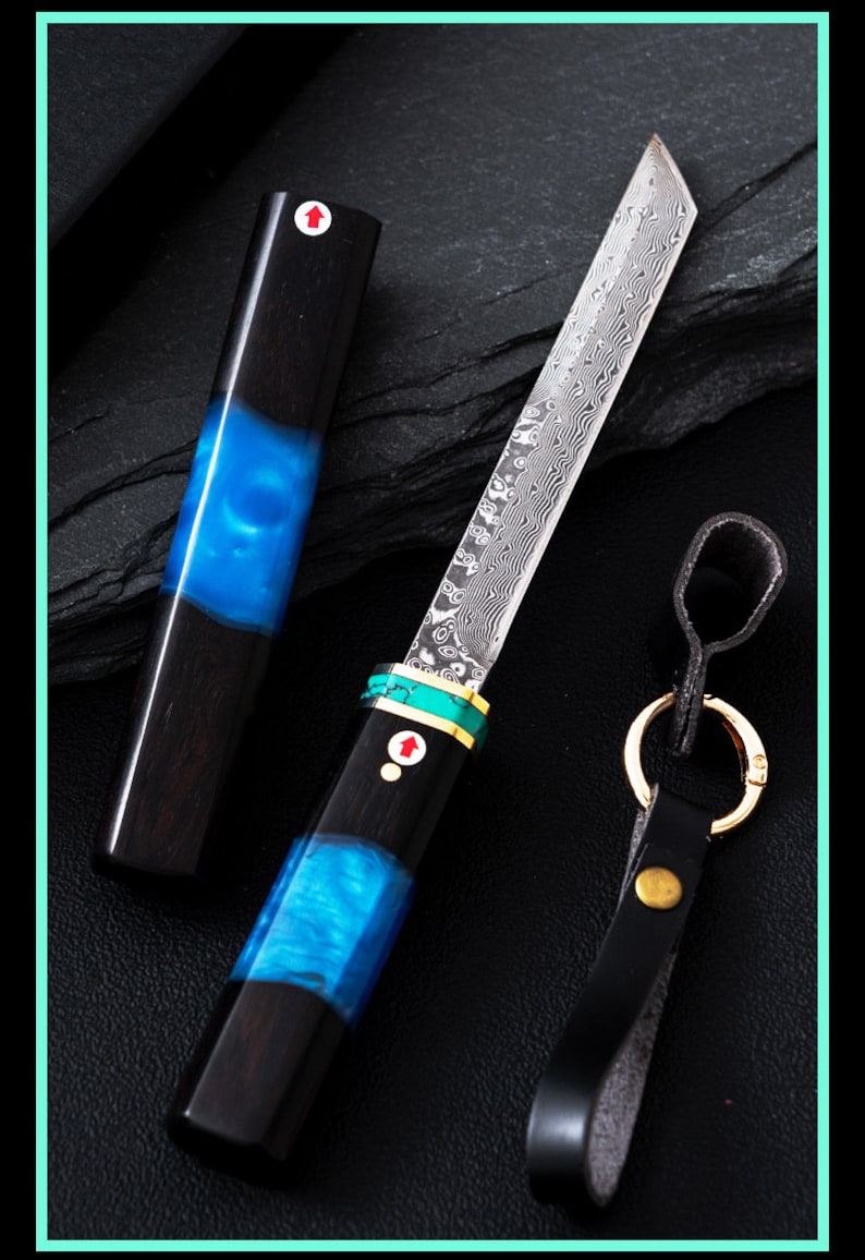 Handmade Damascus Tanto Knife With Wood and Resin Accents - Etsy