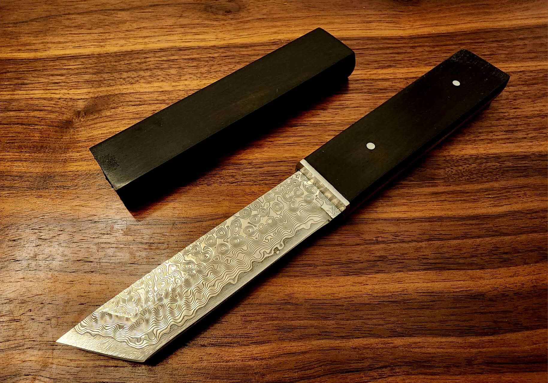 Small Damascus Handmade Tanto Knife Handle and Wooden Sheath Made of ...