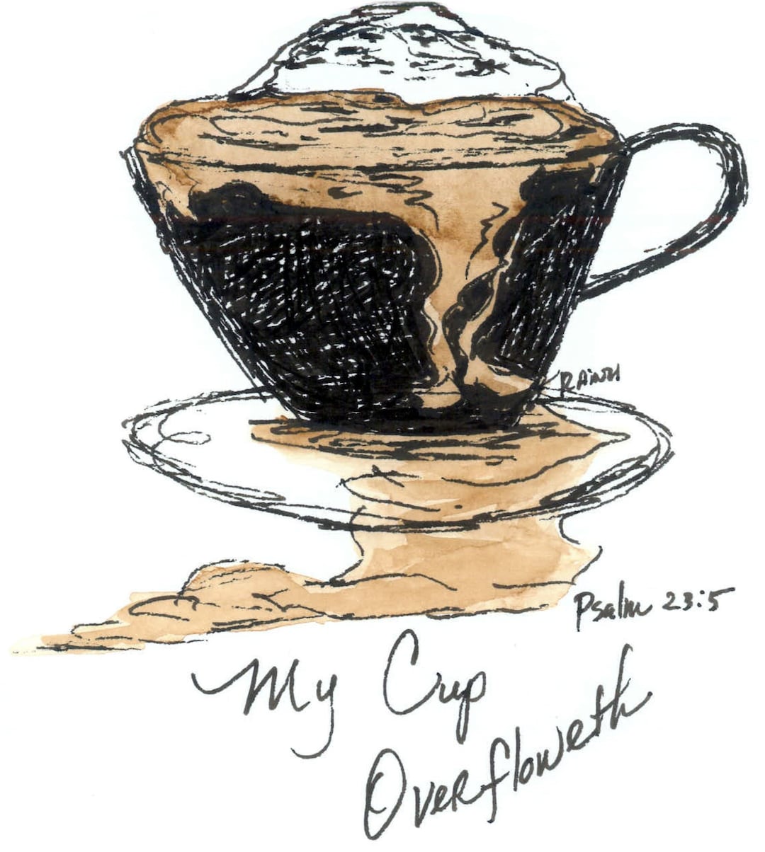 Pen and Ink Coffee Cup Art Print, Overflowing Coffee Cup, Watercolor ...