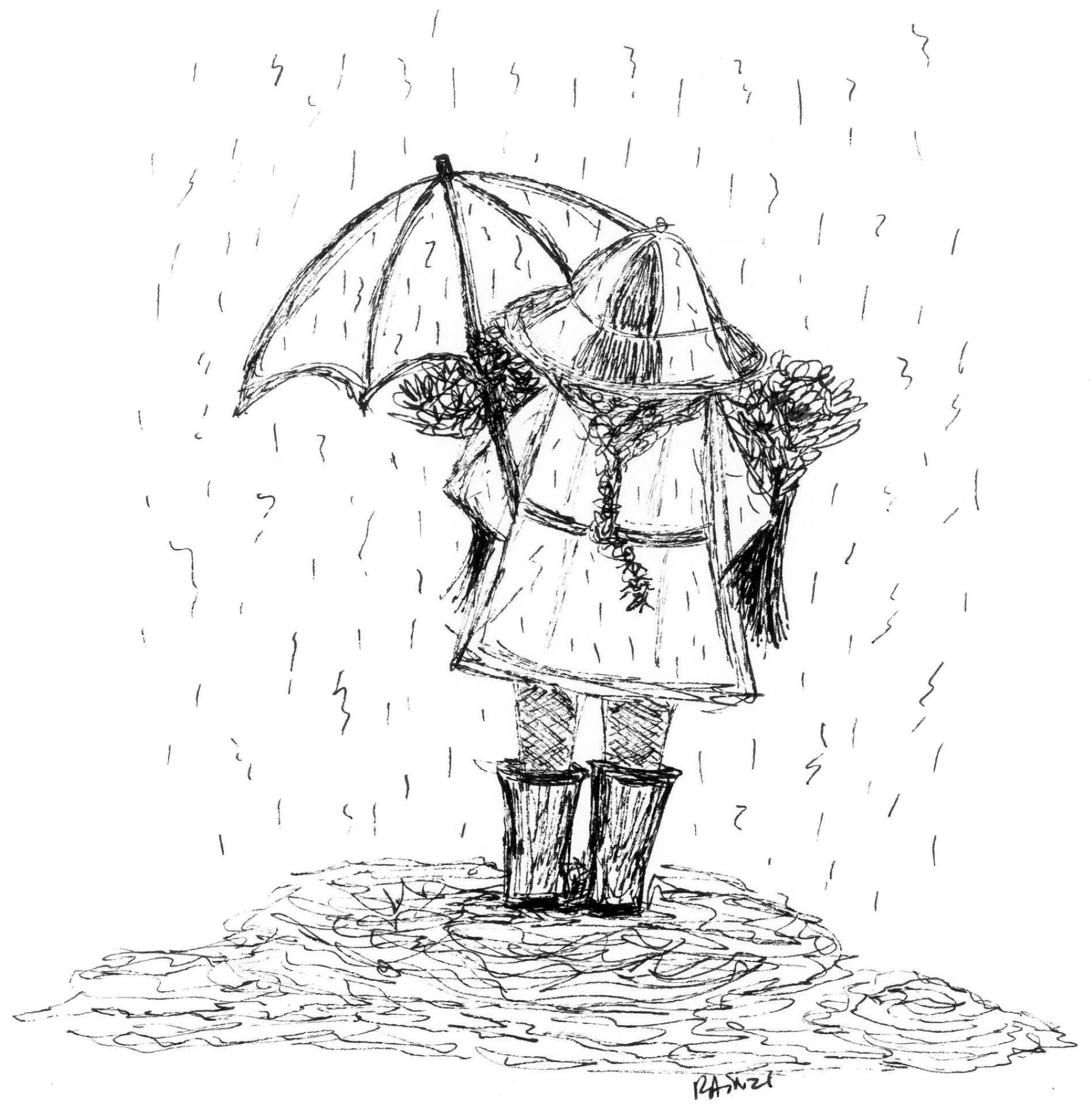 Girl in Rain With Umbrella Pen and Ink Art, Rainy Day Print, Mother's ...