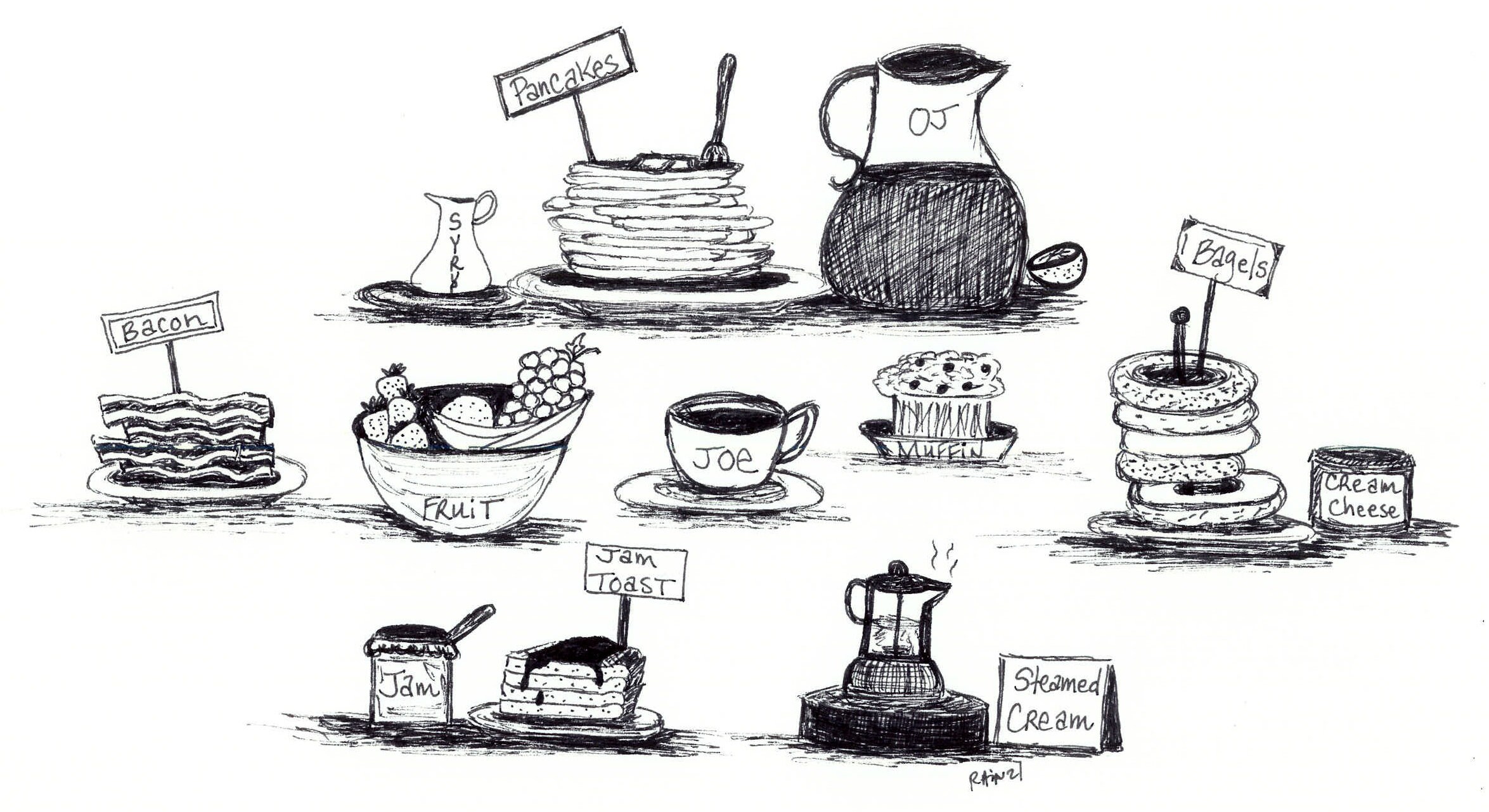 Pen and Ink Brunch Breakfast Black and White Art Print, Food Art - Etsy