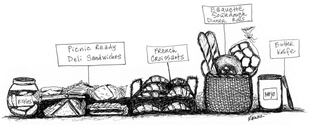 Deli Sandwiches Pen and Ink Illustration, Cafe Art, Deli and Bakery ...