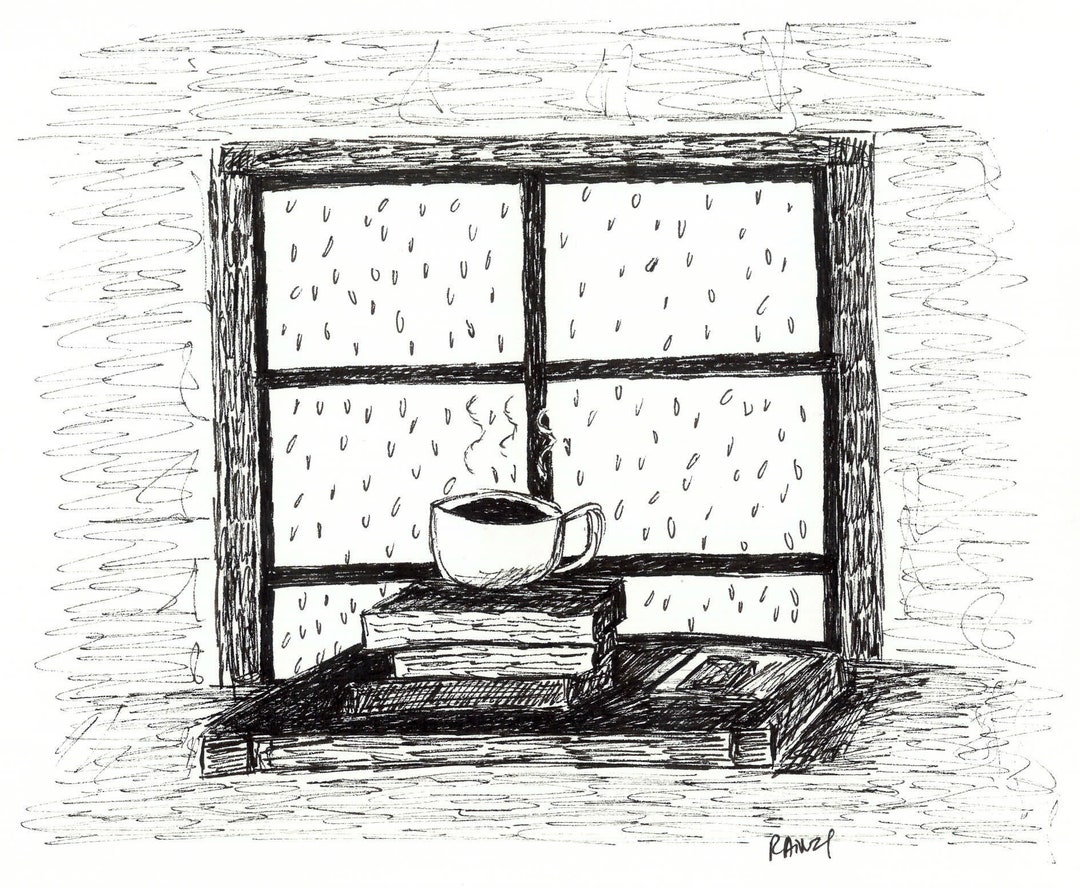 Reading in the Rain Black and White Pen and Ink Art Print. Cozy Reading ...