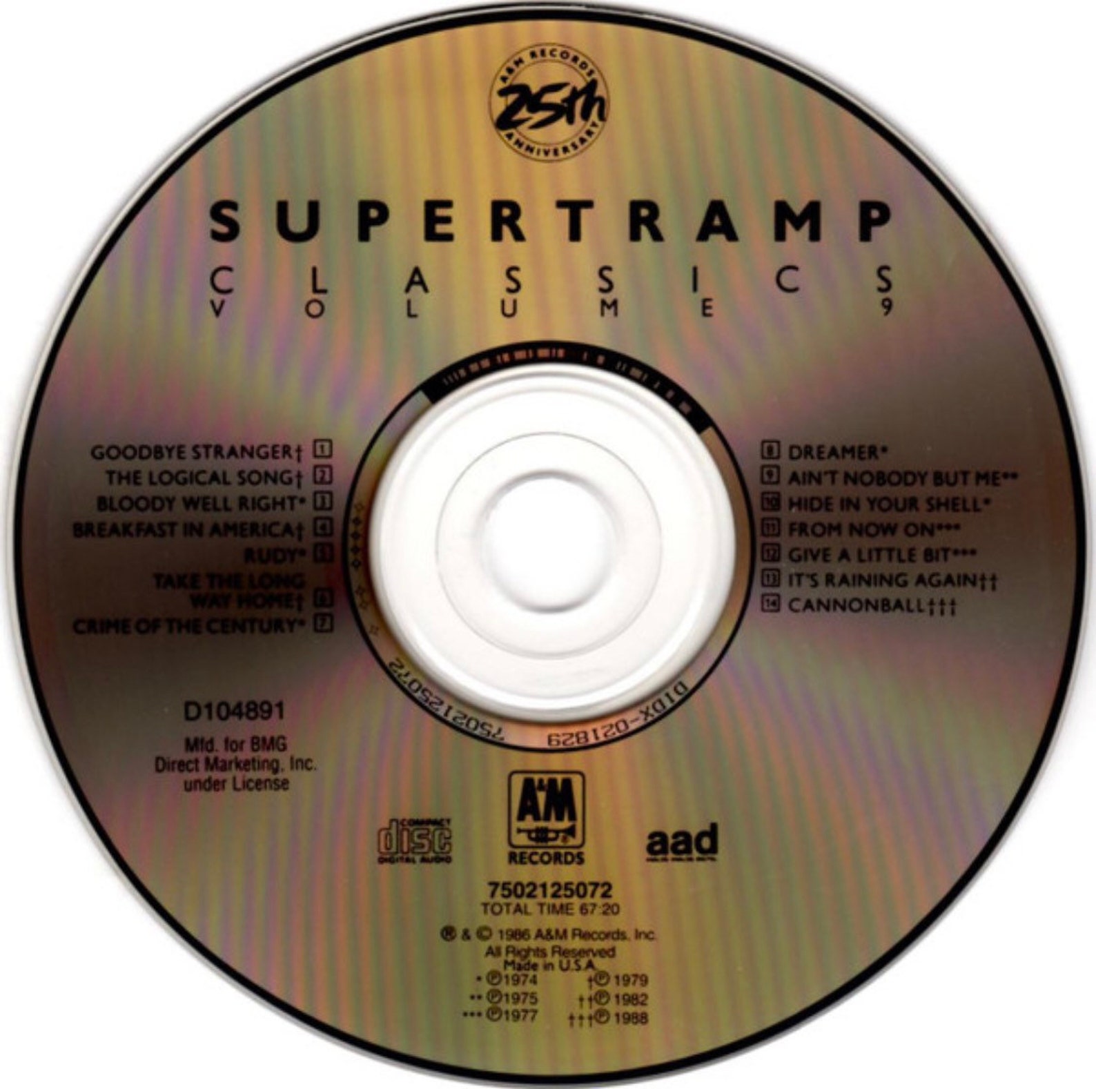 Supertramp - “A&M Records 25th Anniversary Classics Volume 9” CD - Etsy
