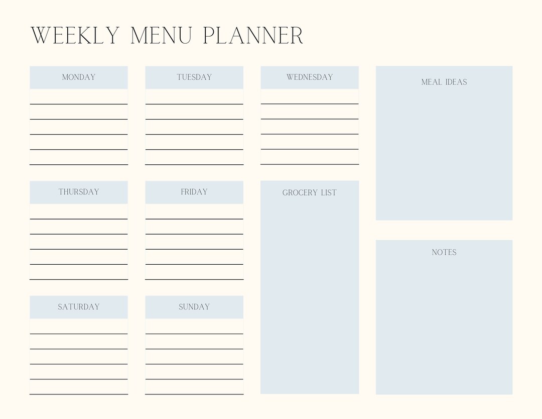 Simple Weekly Menu Planner - Etsy