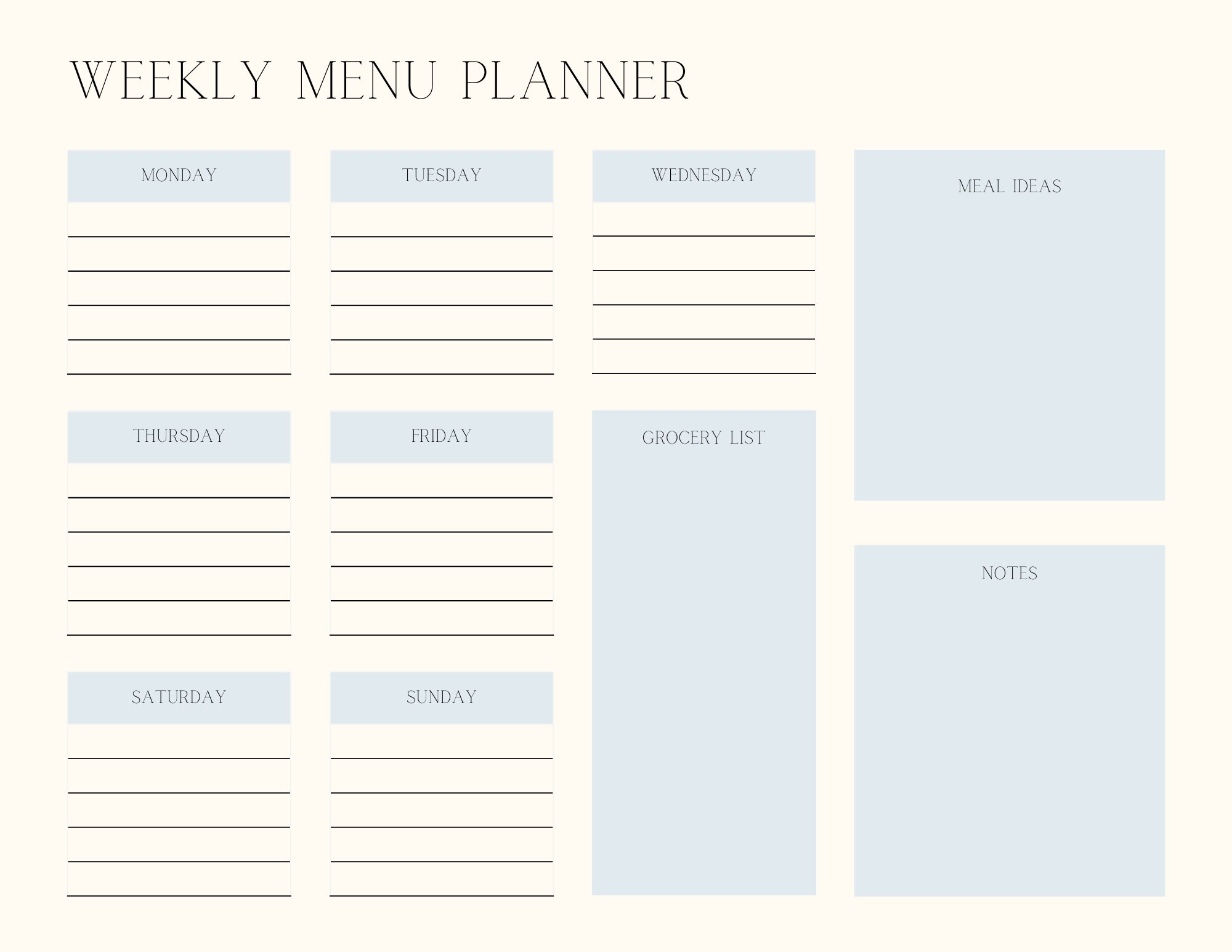 Simple Weekly Menu Planner - Etsy