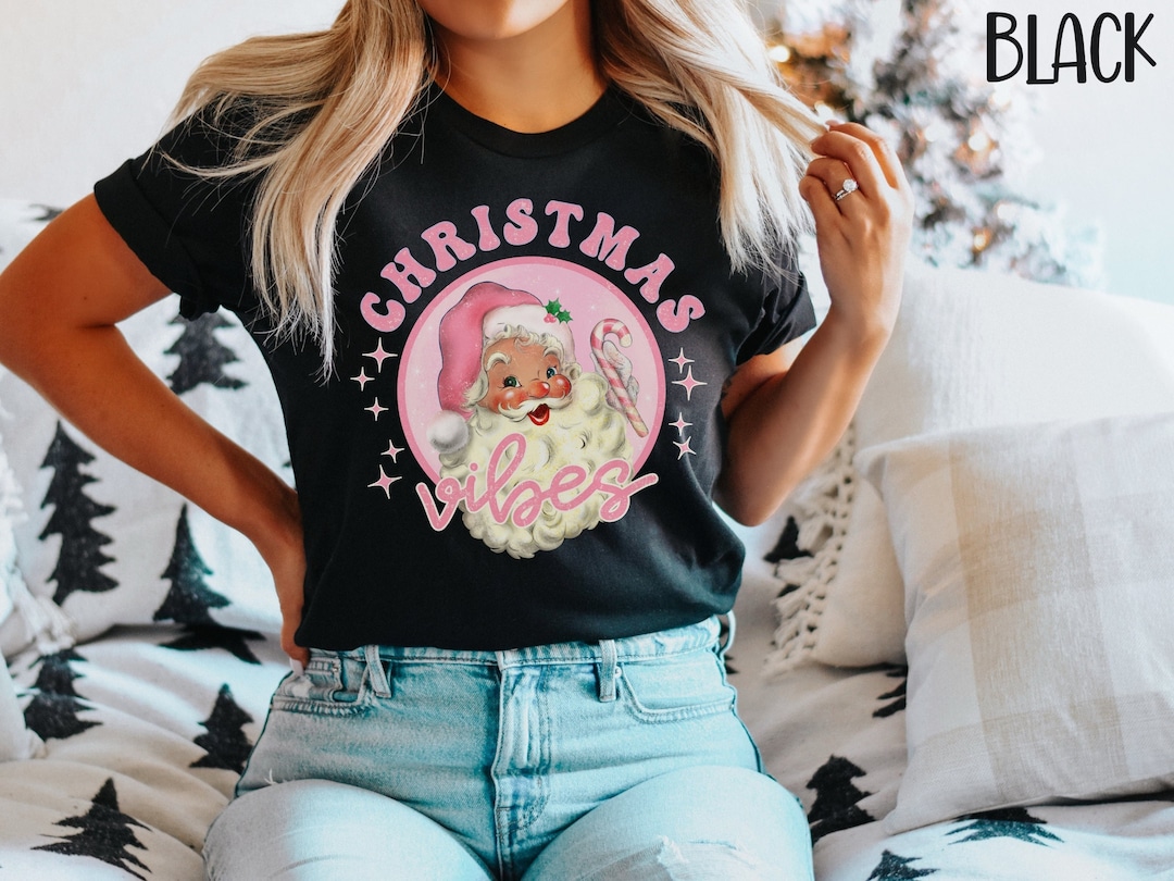 Pink Retro Santa Tee, Pink Christmas Santa Graphic Tee, Clothing, Retro ...