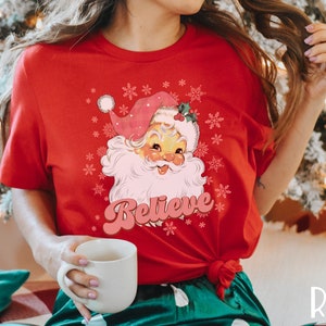 Pink Retro Santa Tee, Pink Christmas Santa Graphic Tee, Clothing, Retro ...