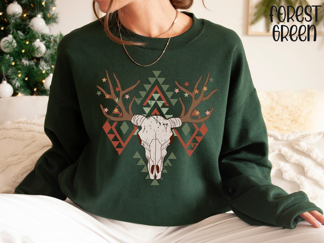 Cowboy Christmas Sweatshirt, Western Bull Skull Crewneck for Christmas ...
