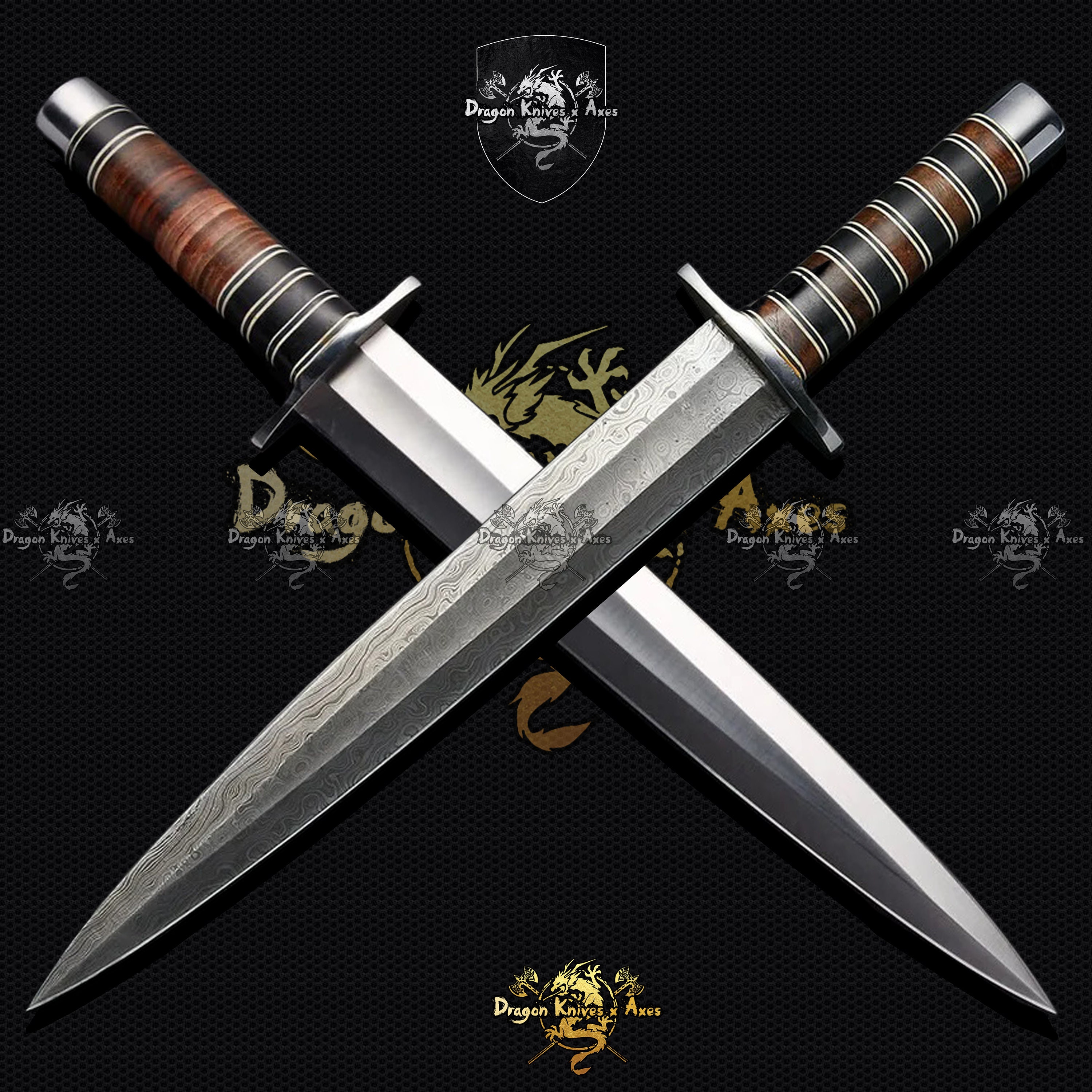 Pair of Arkansas Toothpick D2 Steel and Damascus Dagger Hunting Knives ...