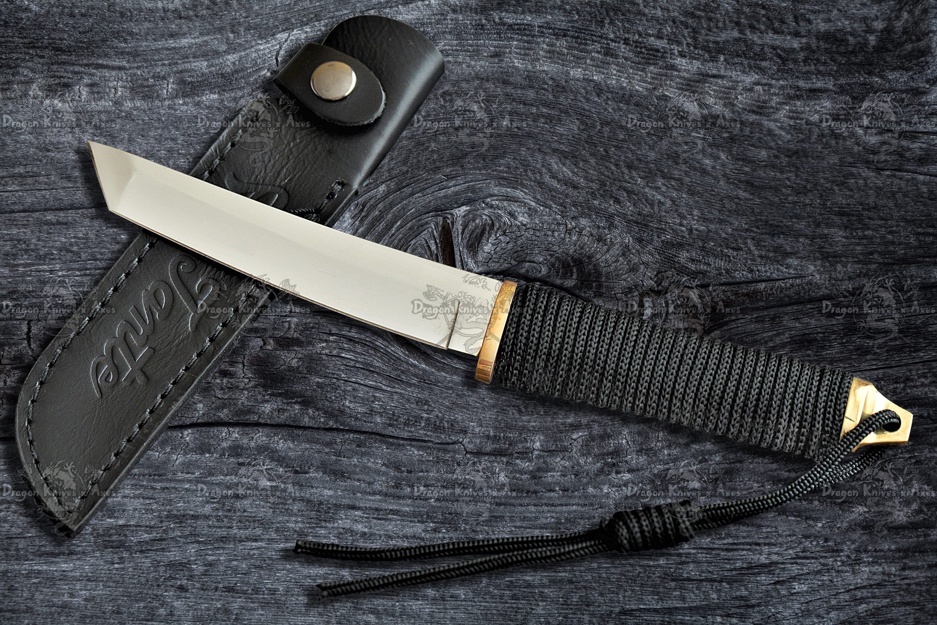 Beautiful Tanto Knife Carbon Steel Blade Bowie With Black Thread Wrap ...