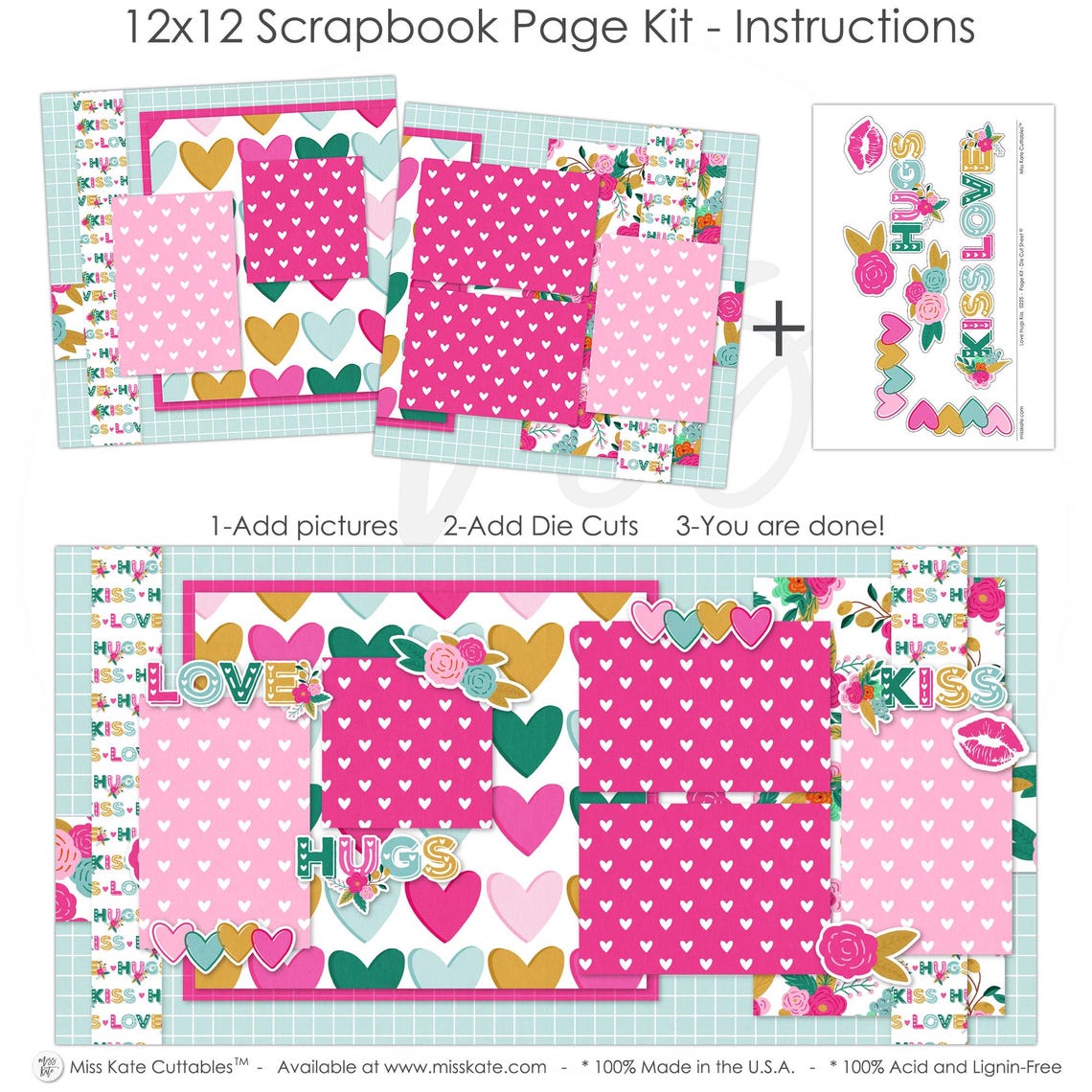 Love Hugs Kiss | 12x12 Scrapbook Page Kit Valentine Scrapbook Supplies ...