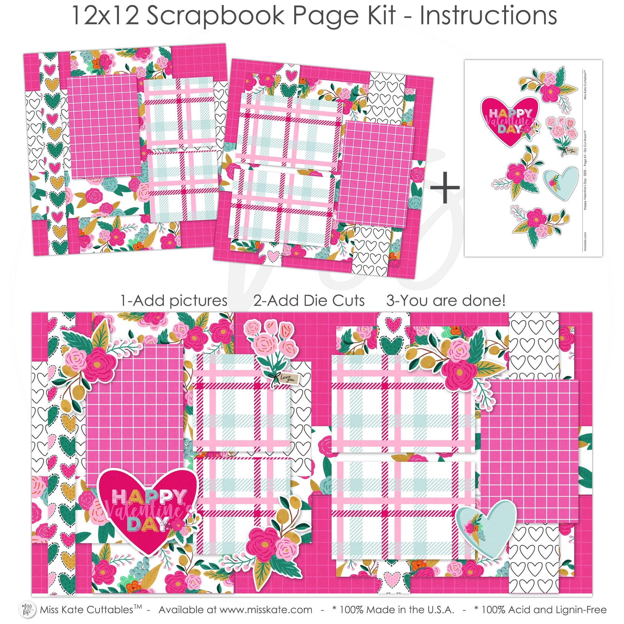 Happy Valentine's Day Scrapbook Page Kit | Floral Heart Die Cuts Pink ...