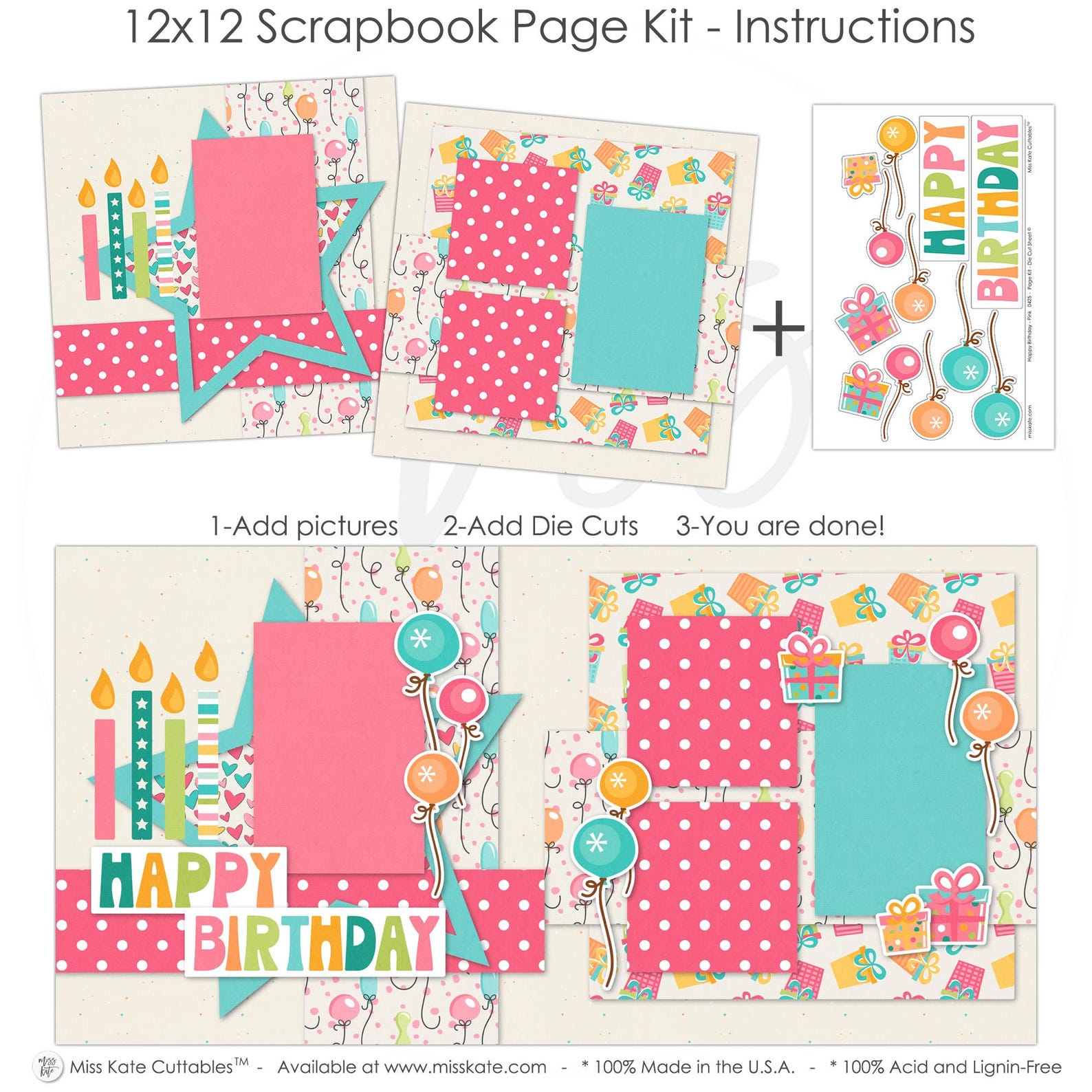 Happy Birthday Pink 12x12 Scrapbook Page Kit for Birthday Party, Cake ...