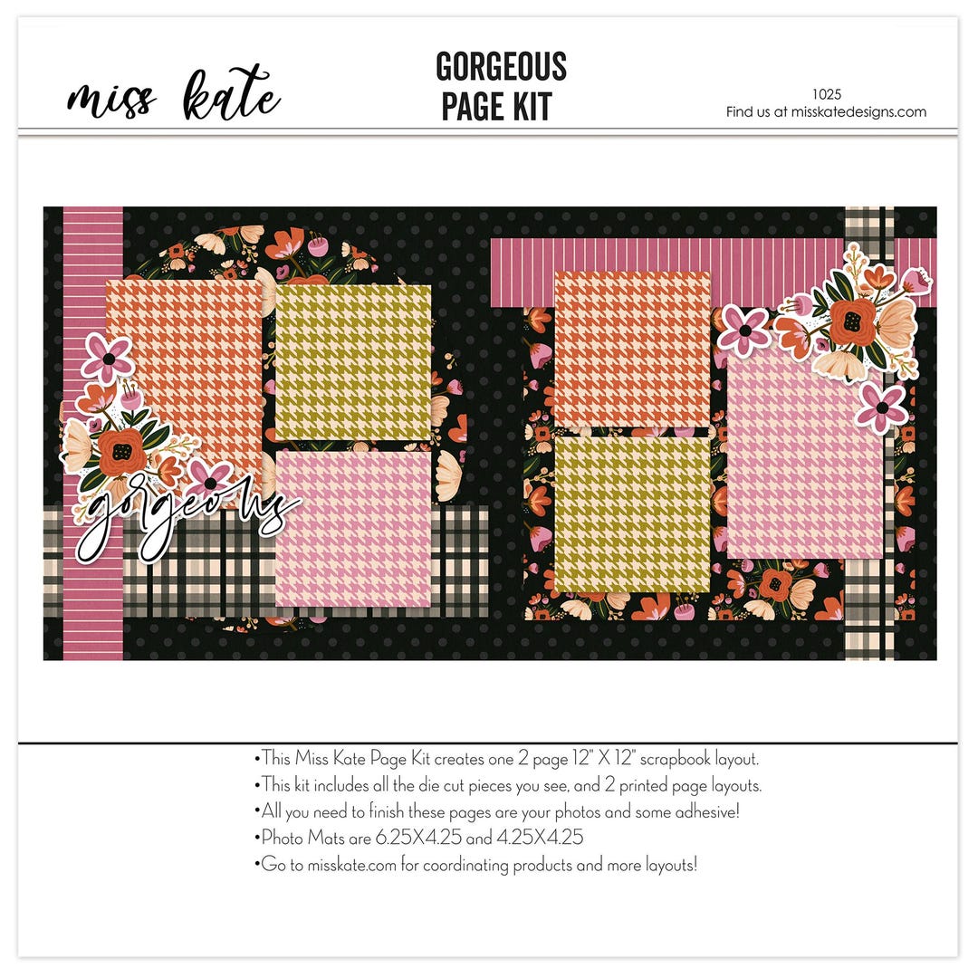 Gorgeous - 12x12 Scrapbook Page Kit – Houndstooth Paper, Floral Die ...