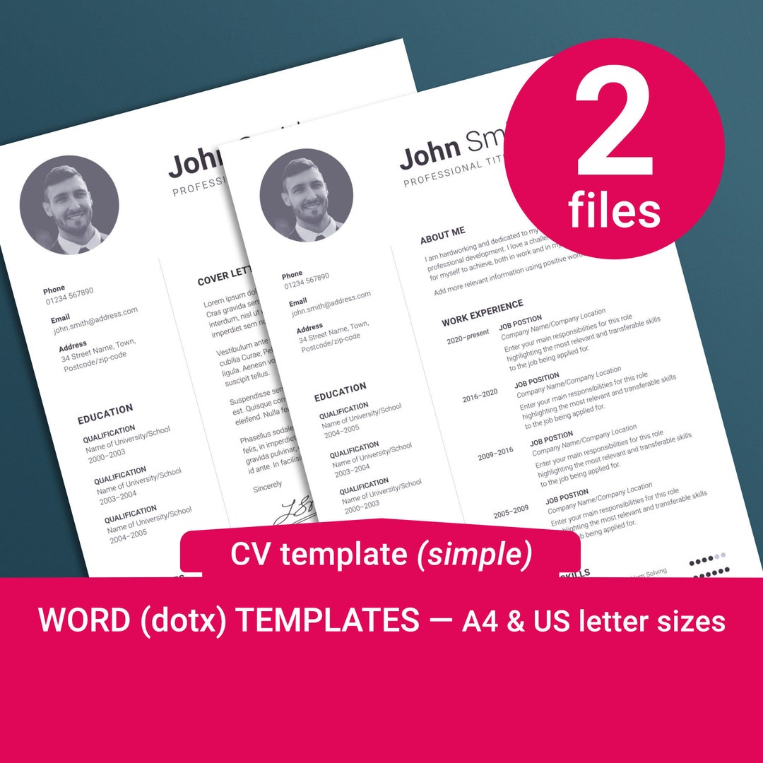 CV Resume Template for Microsoft Word in A4 and US Letter Sizes .dotx ...